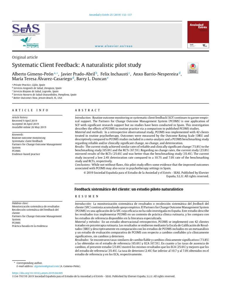 Systematic Client Feedback | PDF | Psychotherapy | Randomized ...