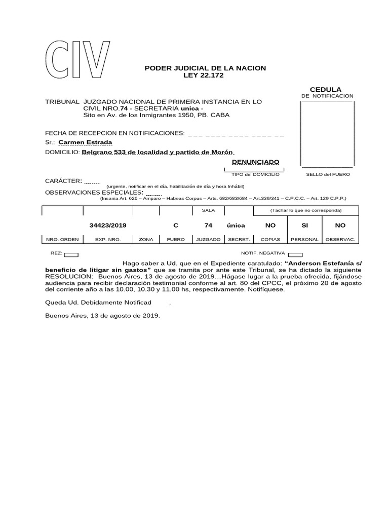 CEDULA Notificacion Carmen Estrada | PDF | Gobierno | Separación de poderes
