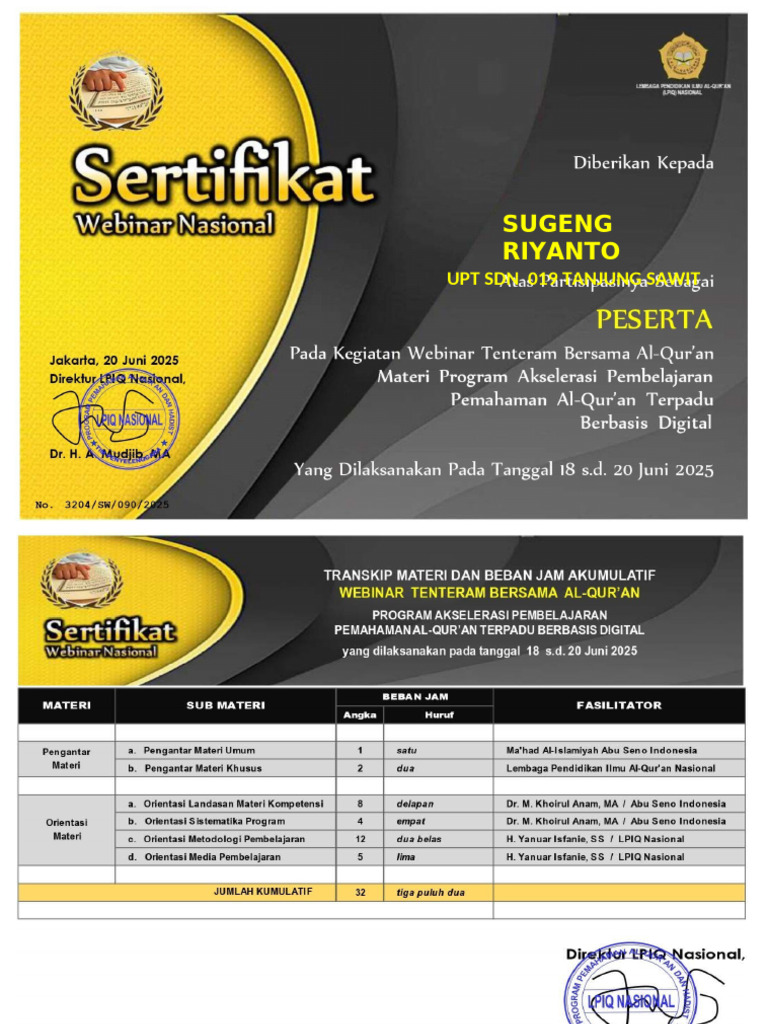 Sertifikat Webinar Tenteram Bersama Al-Qur'an | PDF