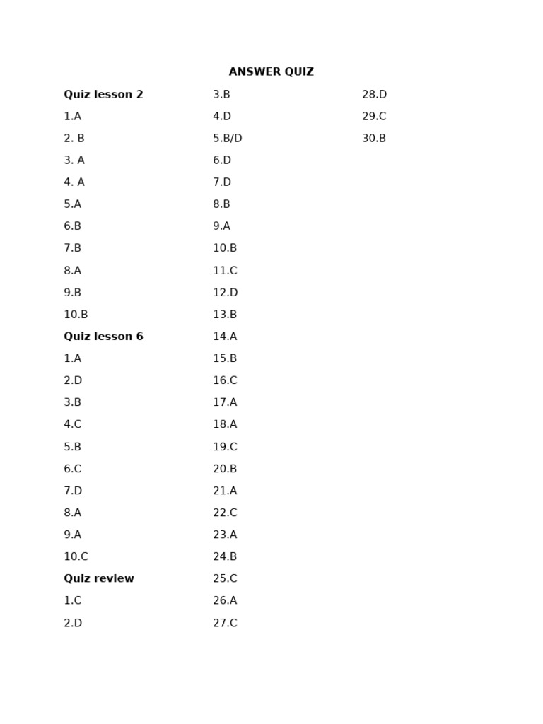 Quiz Answers for Lessons 2 & 6 | PDF