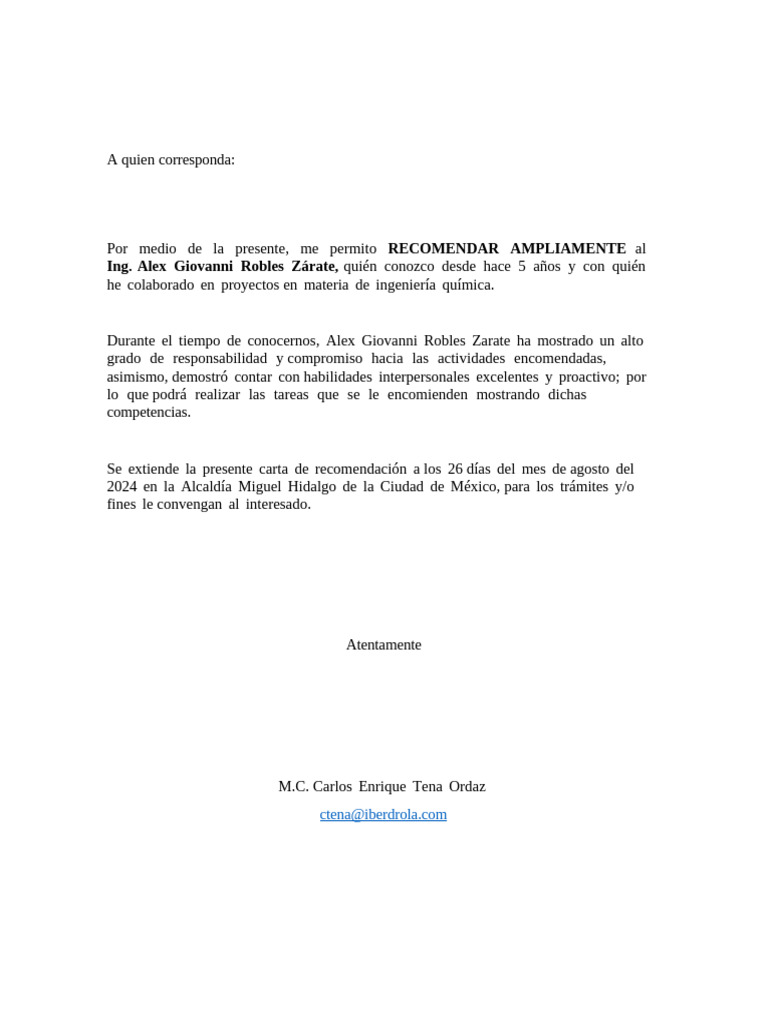 Carta Recomendación - Alex Giovanni | PDF