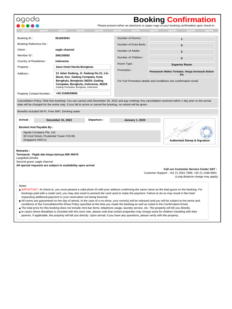 Confirmation For Booking ID # 851893093 | PDF