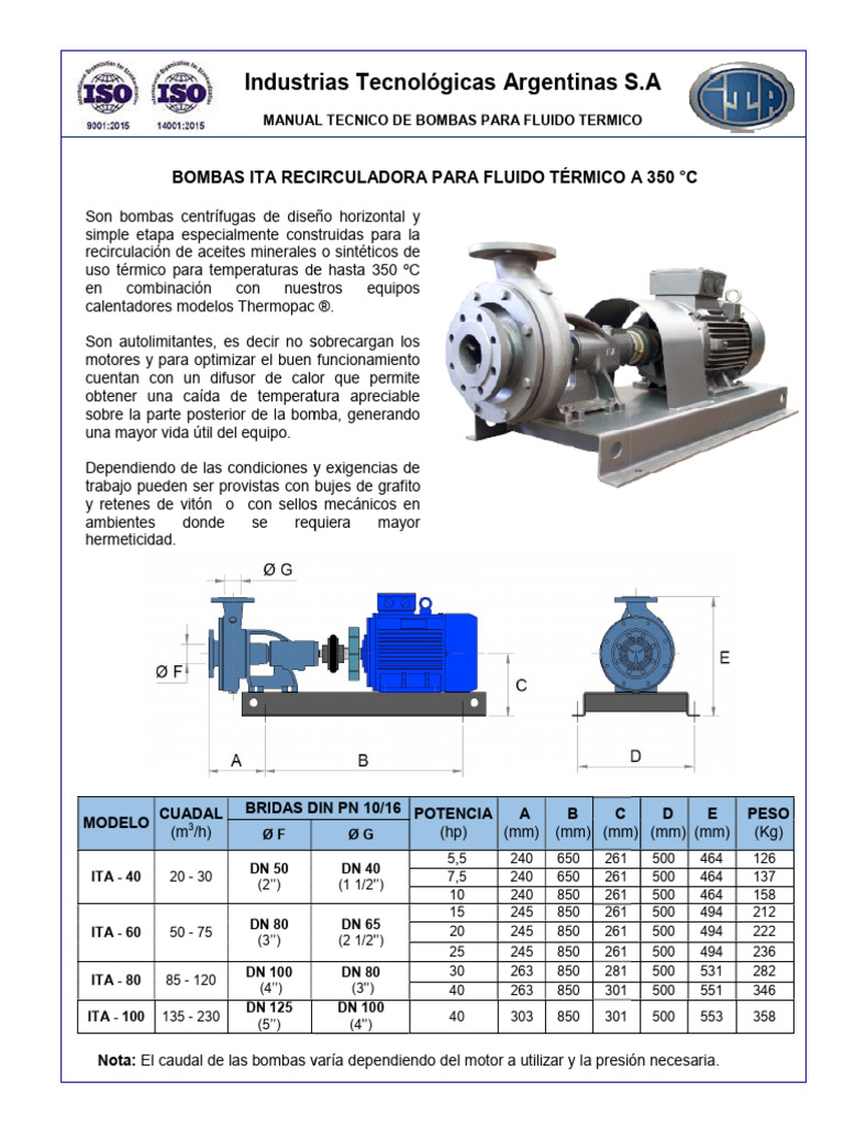 Bombas Centrifugas para Fluido Termico Marca Ita | PDF | Bomba | Rodamiento (Mecánico)