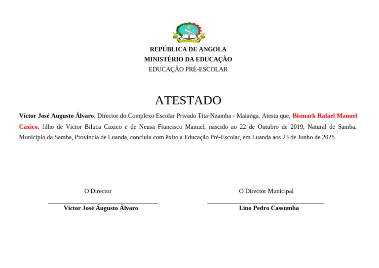 Atestado de Conclusão Pré-Escolar | PDF
