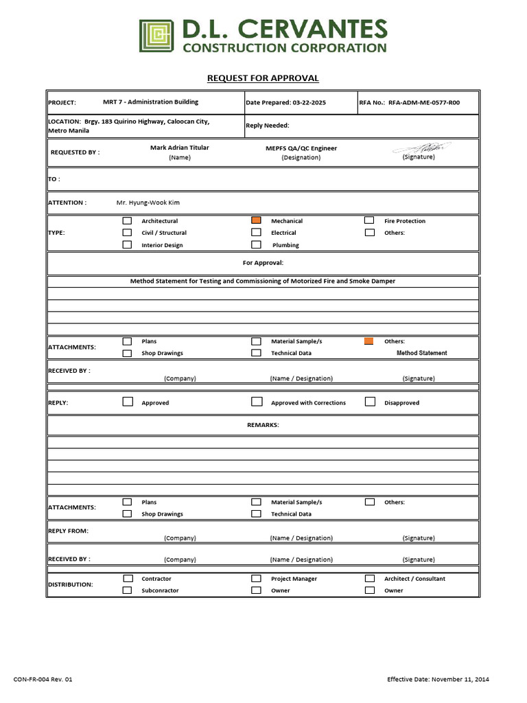 Request For Approval: (Name) (Designation) (Signature) | PDF | Safety