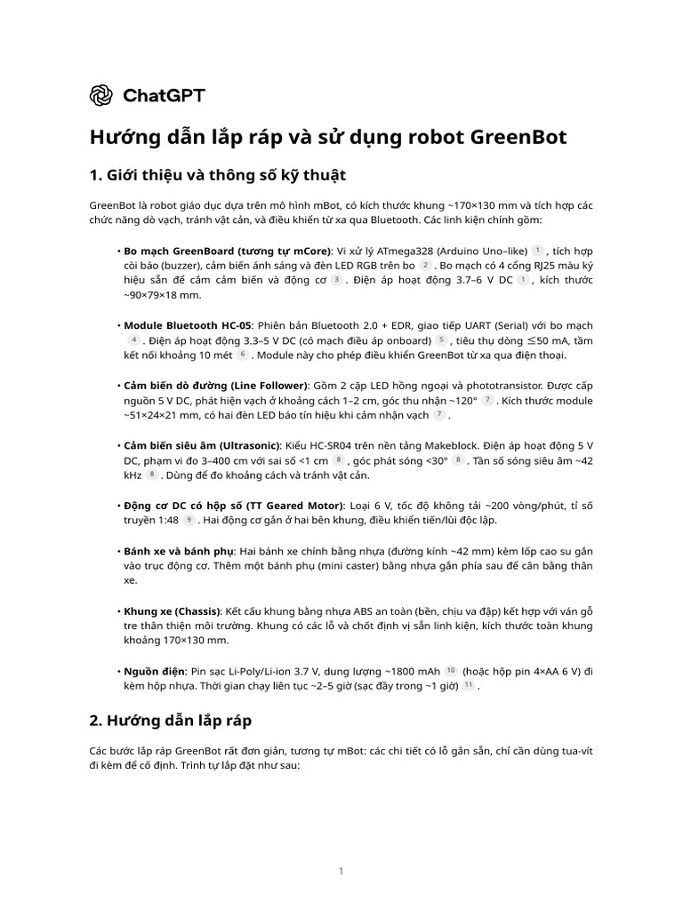 Hướng dẫn lắp ráp và sử dụng robot GreenBot | PDF