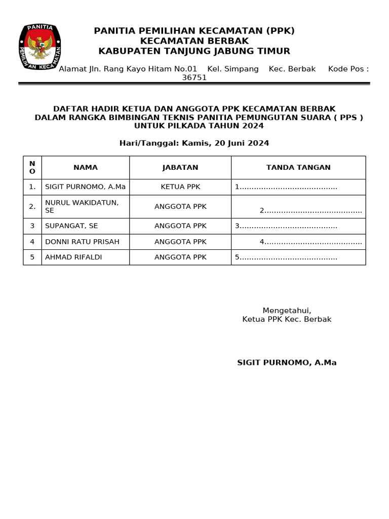 Daftar Hadir PPK Berbak | PDF