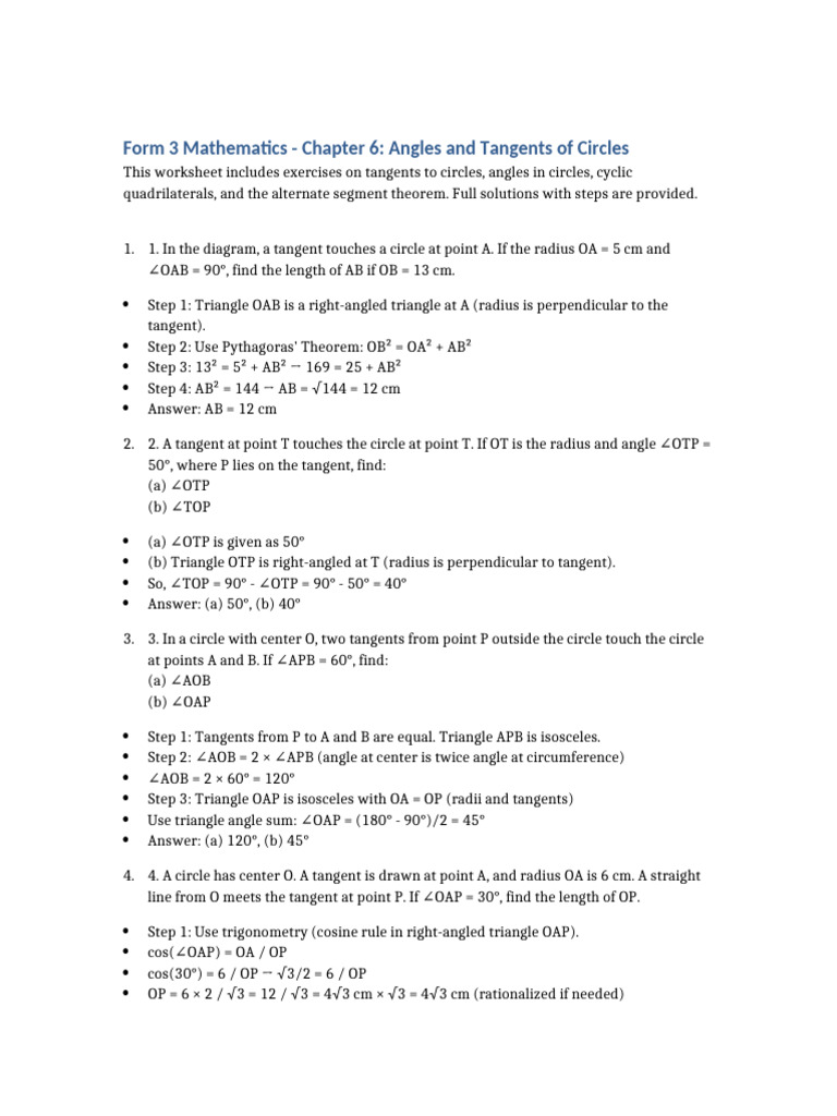 Form 3 Math Chapter 6 Tangents and Angles | PDF | Circle | Triangle