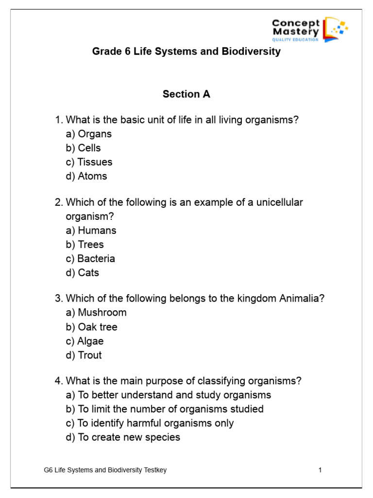 Grade 6 Life Systems and Biodiversity Test | PDF | Cell (Biology) | Biology