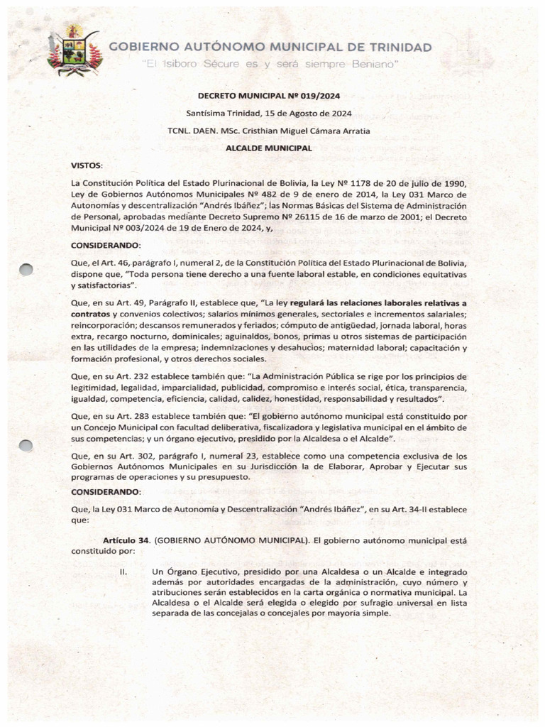 DECRETO MCPAL No.019.2024 APROBAR ESCALAS SALARIALES GEST 2025 EVENT CONSULT Y SERV | PDF