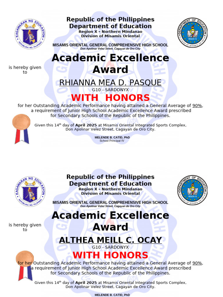 Final Female Certificate For Academic Excellence Award1 | PDF