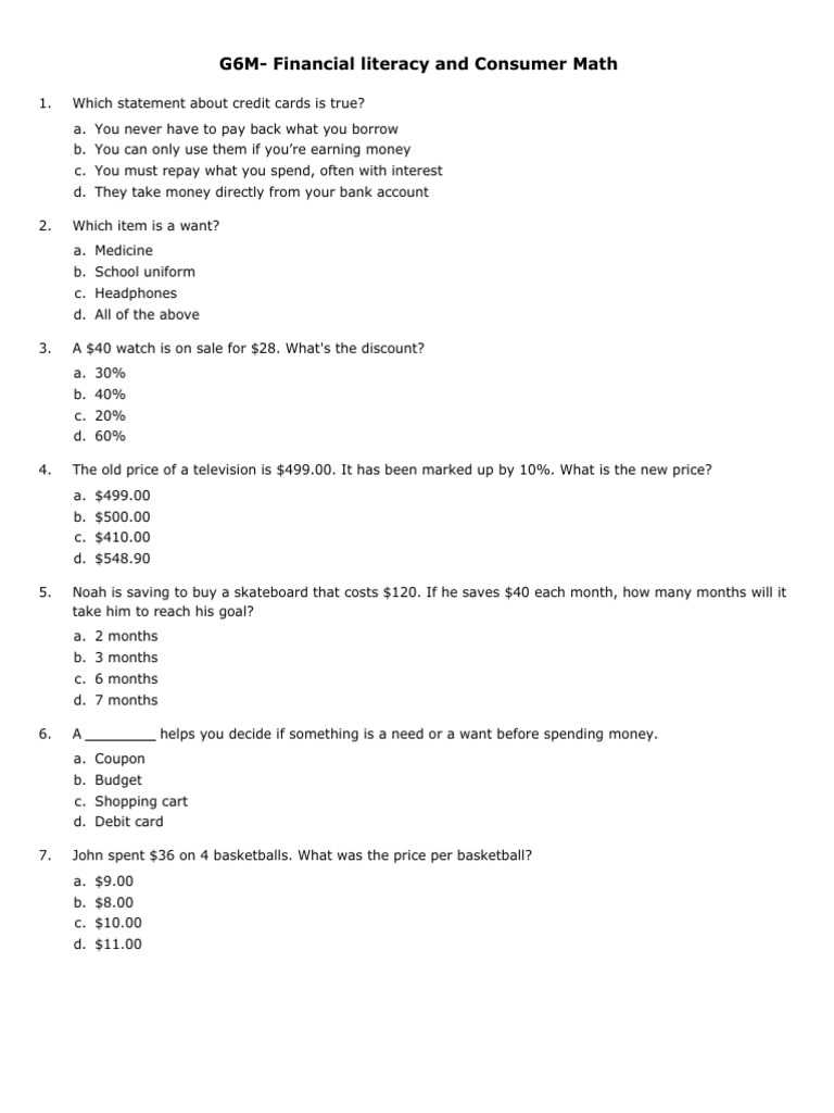 G6M - Financial Literacy and Consumer Math | PDF | Workweek And Weekend | Interest
