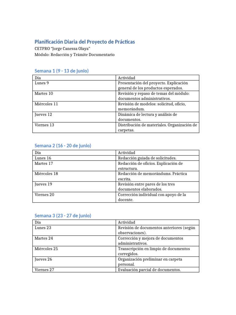 Planificacion Diaria Practicas CETPRO | PDF