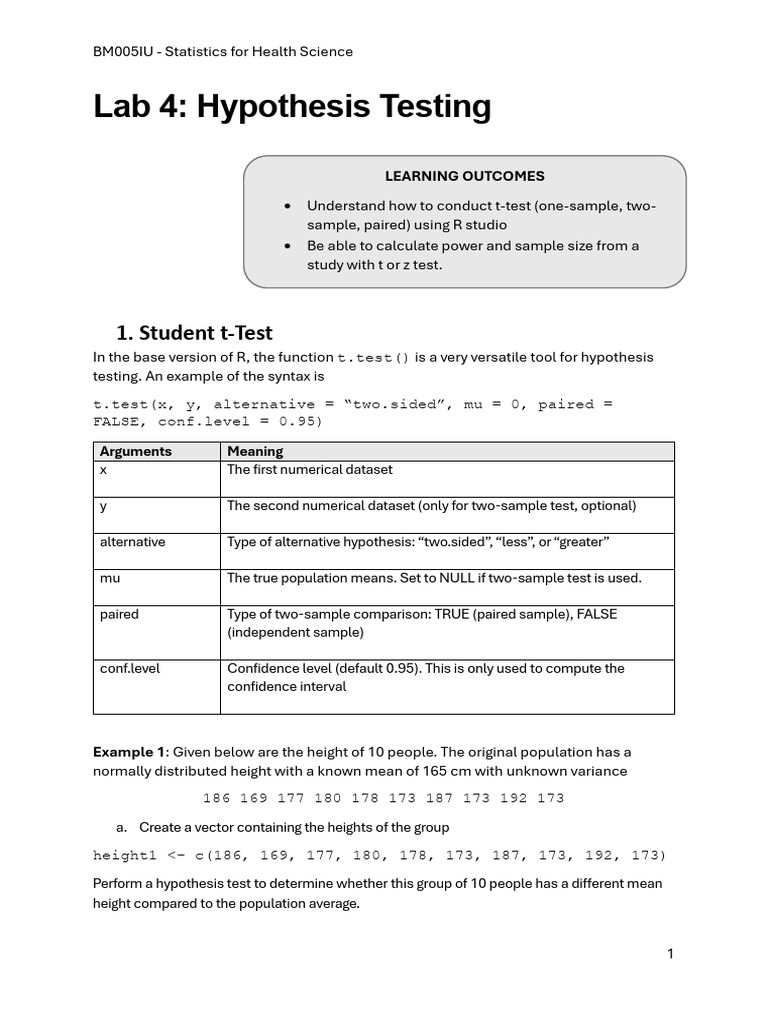 Lab 4 - Hypothesis Testing | PDF | Student's T Test | Probability And ...