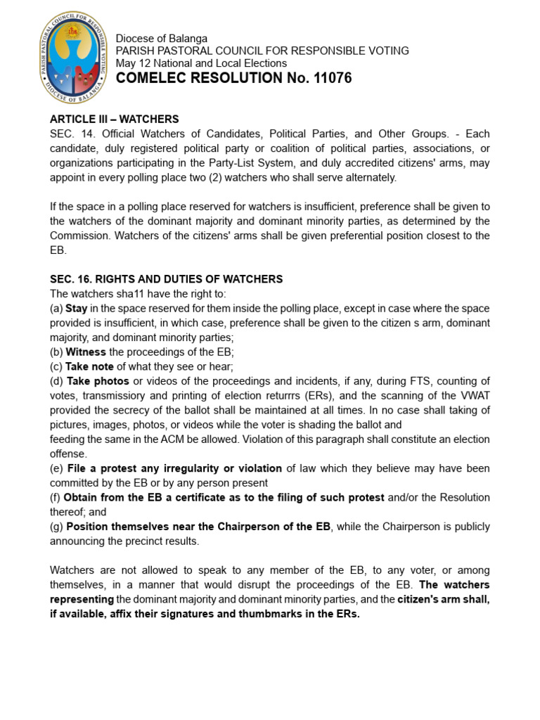 Comelec Resolutions No. 11076 PPCRV | PDF | Ballot | Elections