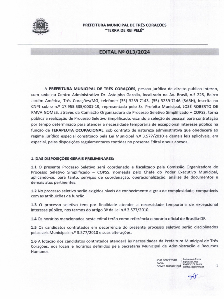 Edital 013.2024 - Terap. Ocupacional | PDF