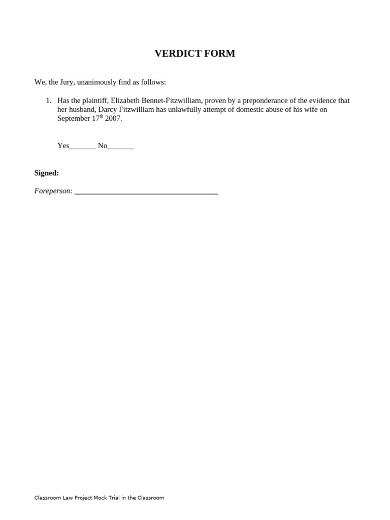 Mock Trial in The Classroom Jury Verdict Form | PDF