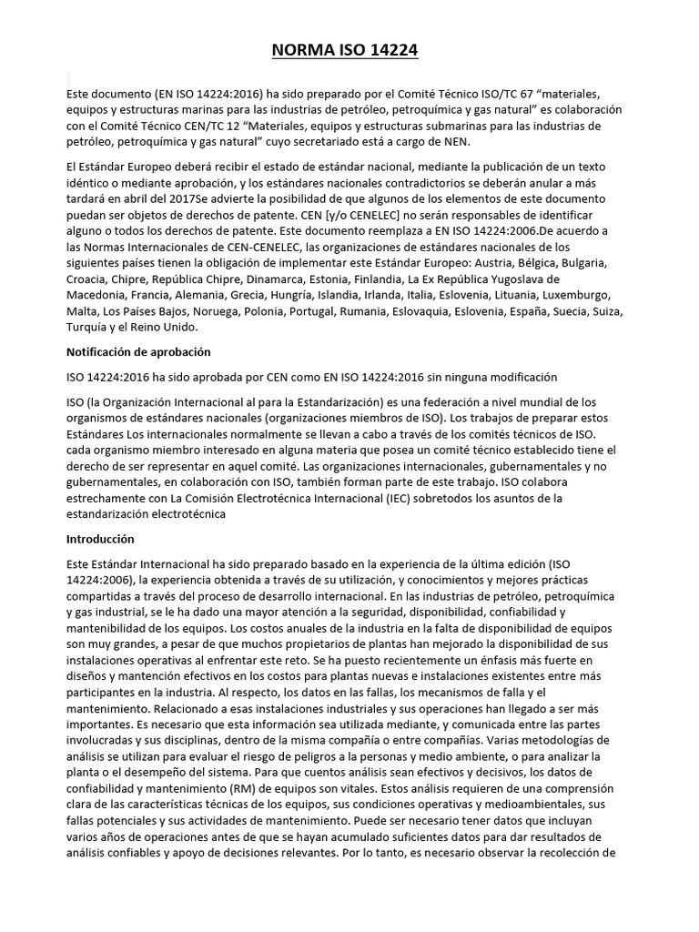 Norma Iso 14224 | PDF | Ingeniería de confiabilidad | Organización ...