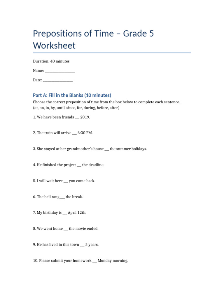Prepositions of Time Grade5 Worksheet | PDF