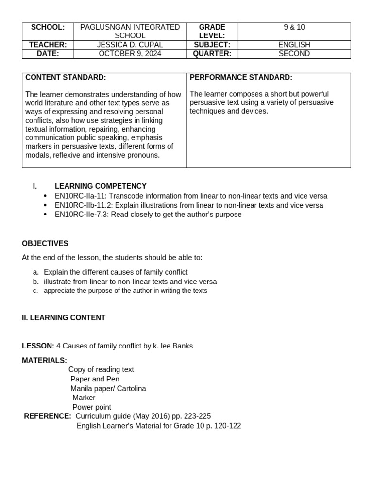 Lesson Plan For Grade 9 and 10 | PDF | Lesson Plan | English Language