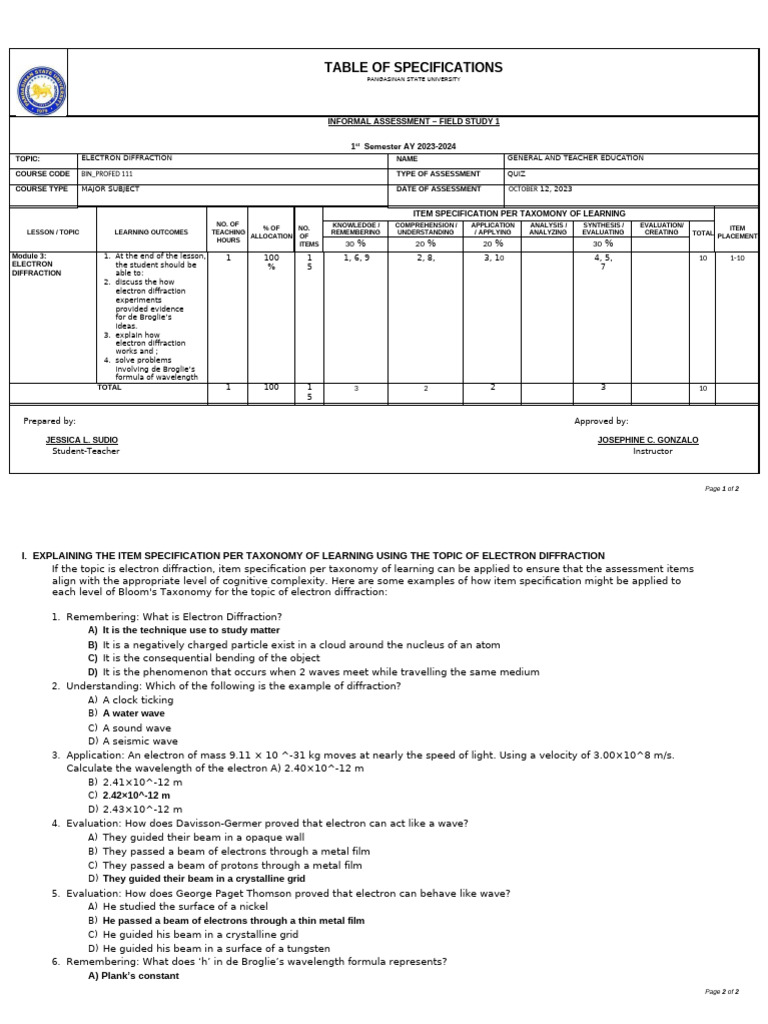 TOS and Questions - Electron Diffraction | PDF | Wavelength | Electron