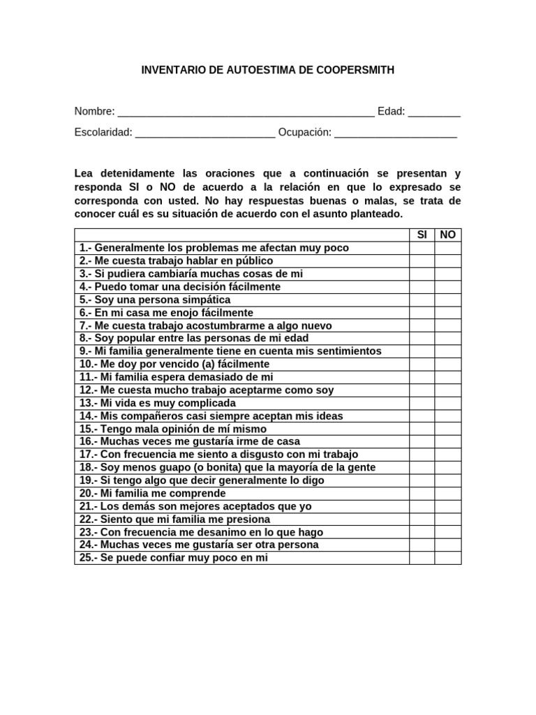 Inventario de Autoestima de Coopersmith | PDF