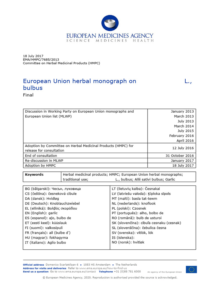 EU Herbal Monograph: Allium Sativum | PDF | Garlic | Dose (Biochemistry)