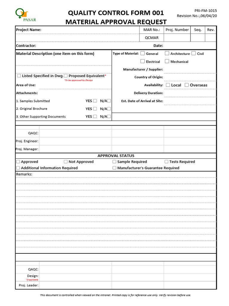 PRI-FM-1015 Material Approval Request Form | PDF