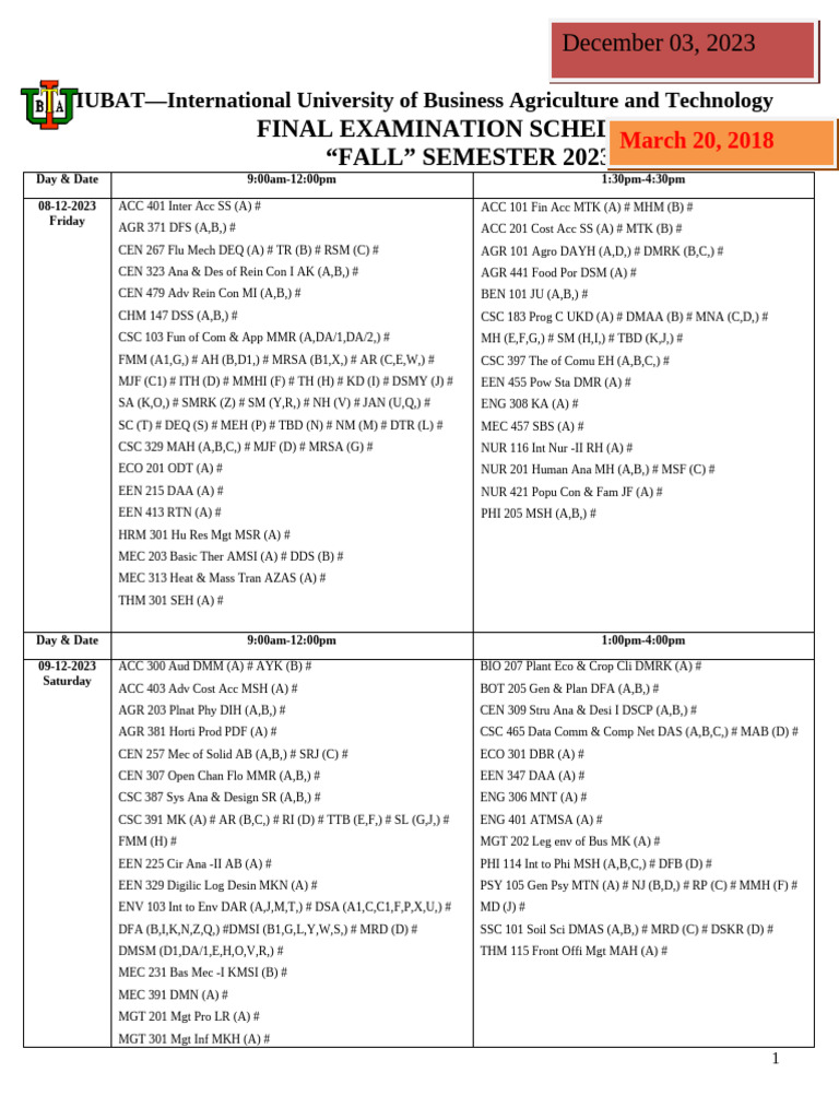 Revised Fall 2023 Final Examination Schedule | PDF