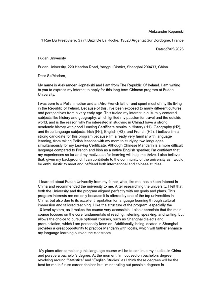 Personal Statement for Fudan University | PDF | Human Communication ...