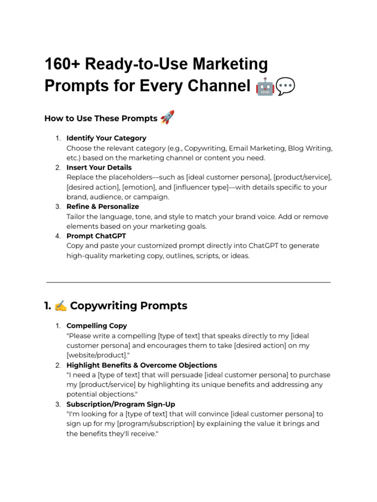 160 Ready-To-Use Marketing Prompts For Every Channel ?? | PDF ...