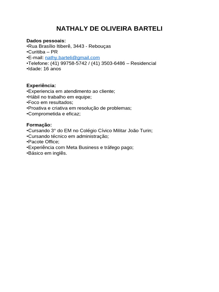 Currículo Nathaly de Oliveira Barteli 1 | PDF
