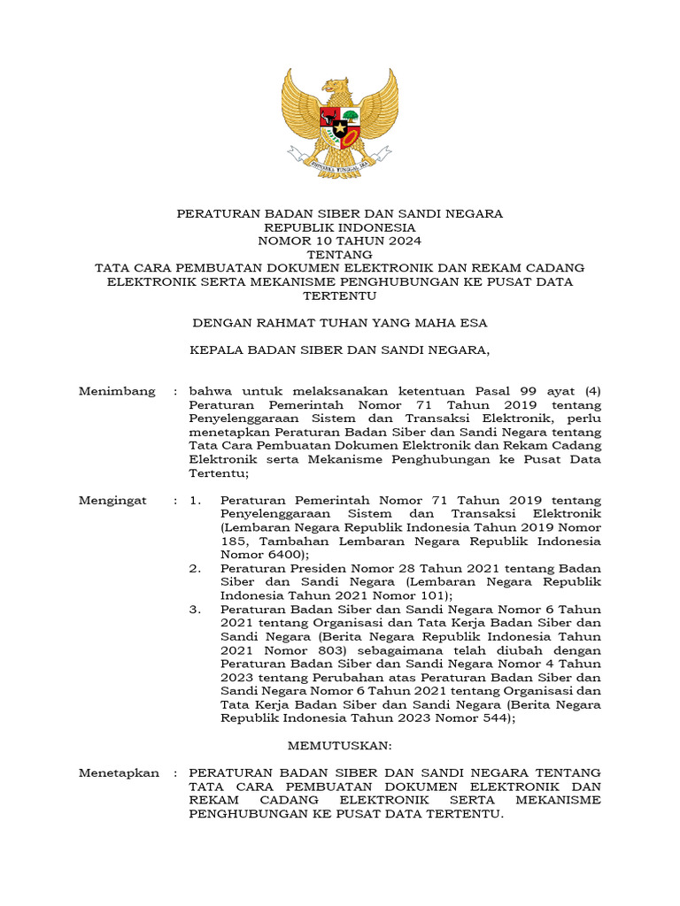 Peraturan BSSN No 10 Tahun 2024 | PDF