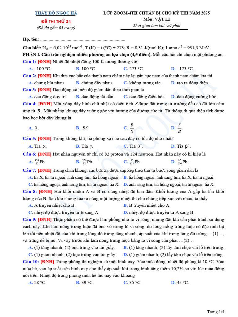 Thi Thử 34 - Zoom4th 2k7 2025 | PDF