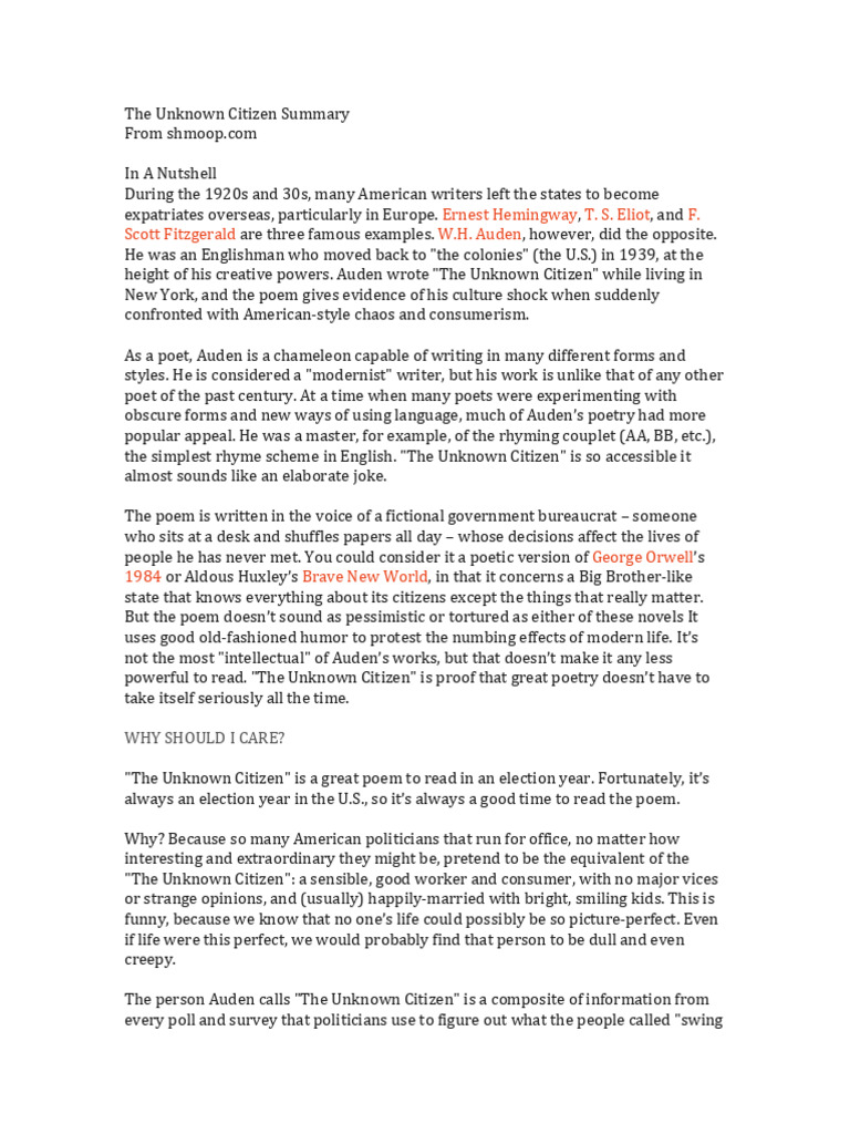The Unknown Citizen Summary | PDF | Poetry | Rhyme