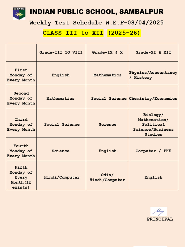 Weekly Test Schedule 2025 26 Pdf