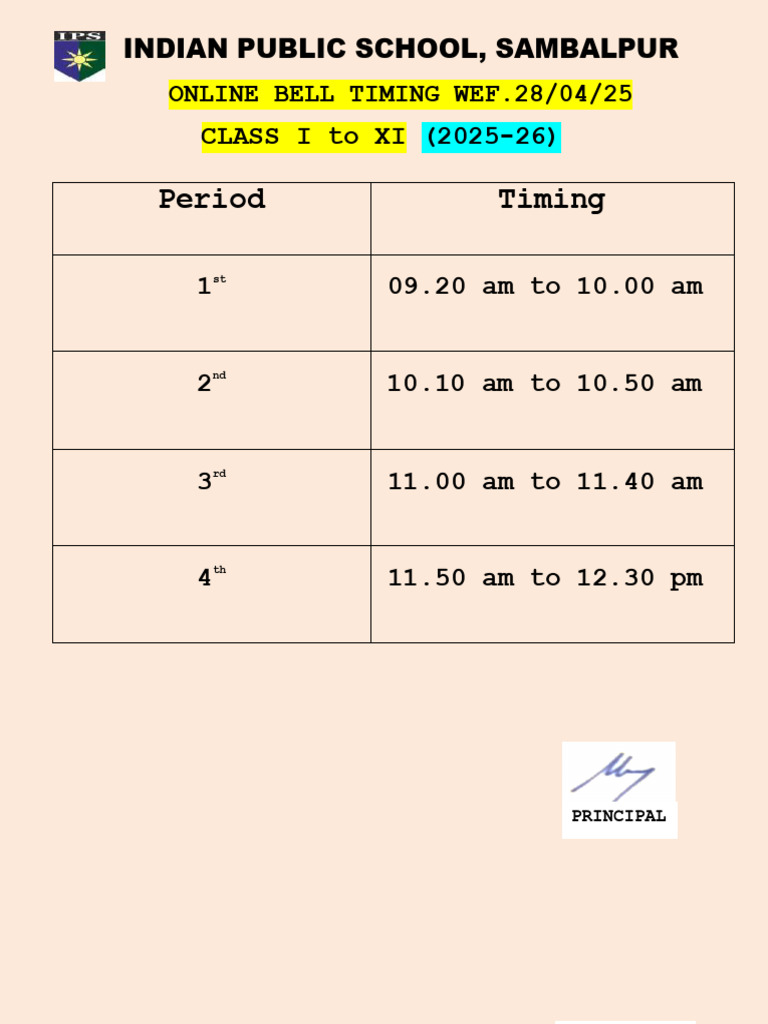 Online Bell Timing (Class I To X & Xi) - 2025-26 | PDF