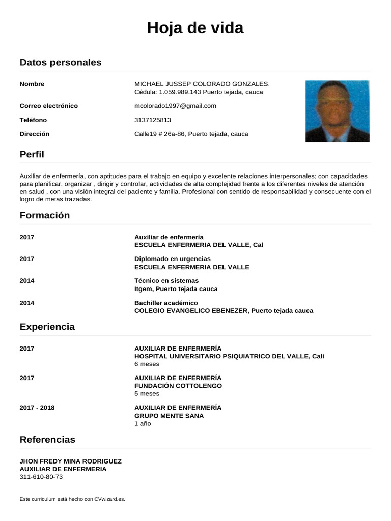 Hoja de Vida MICHAEL JUSSEP COLORADO GONZALES Cédula 1 059 989 143 Puerto Tejada Cauca | PDF