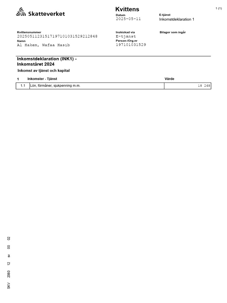 Kvittens 197101031529 - Inkomstdeklaration 1 2025 PDF | PDF