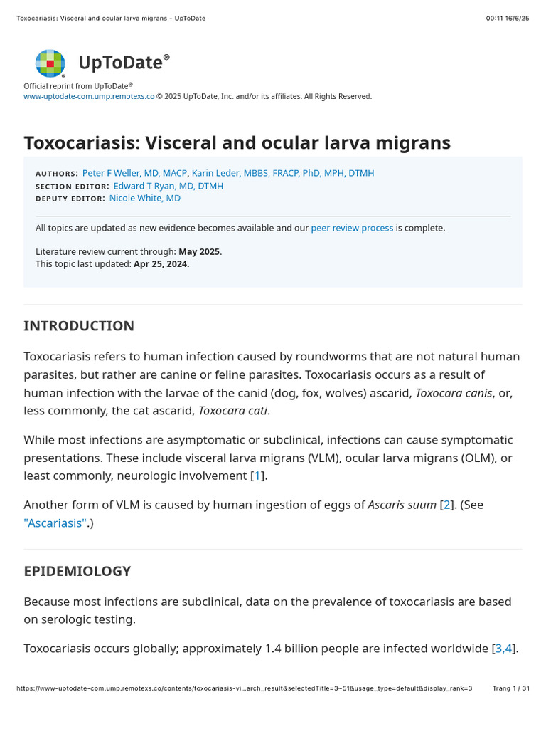 Toxocariasis: Visceral and Ocular Larva Migrans - UpToDate | PDF ...