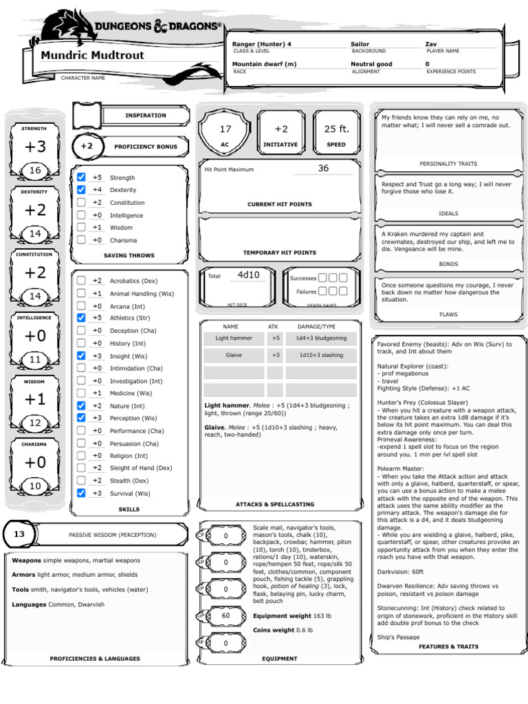 Mudric Character Sheet Dungeons & Dragons - D&D 5 | PDF