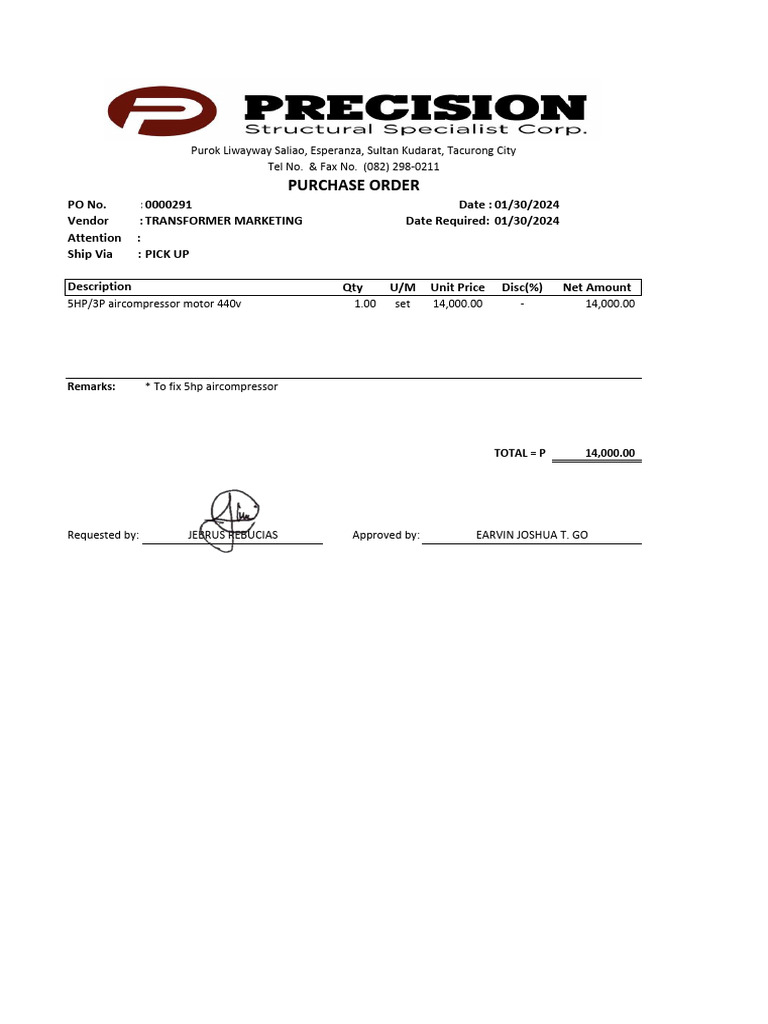 Purchase Order Sample | PDF