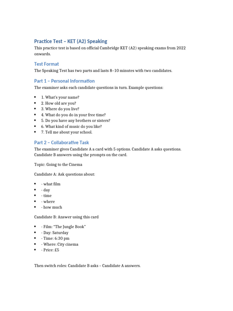 KET A2 Speaking Practice Test | PDF