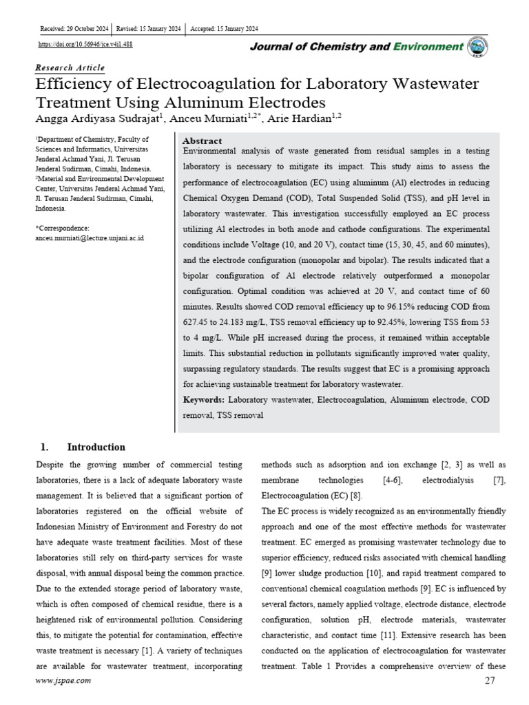 Efficiency of Electrocoagulation For Laboratory Wastewater Treatment ...