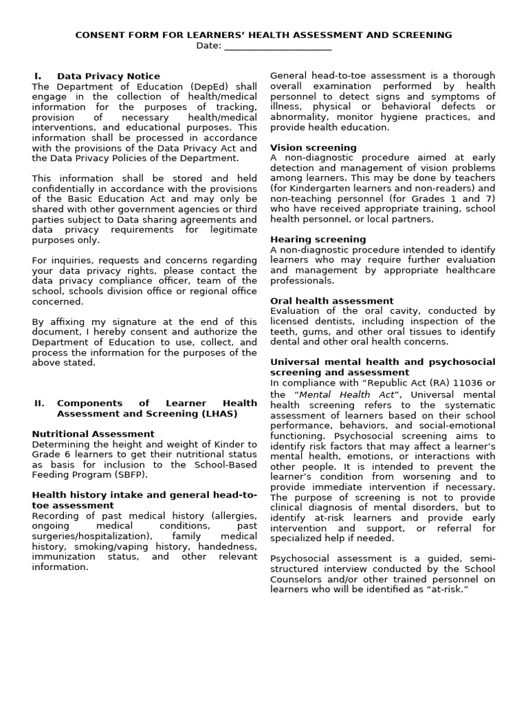 Learner Health Assessment Consent Form | PDF | Screening (Medicine ...