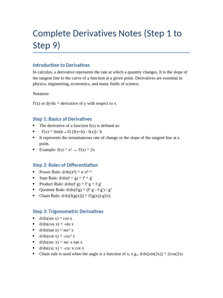 Complete Derivatives Notes | PDF | Derivative | Trigonometric Functions