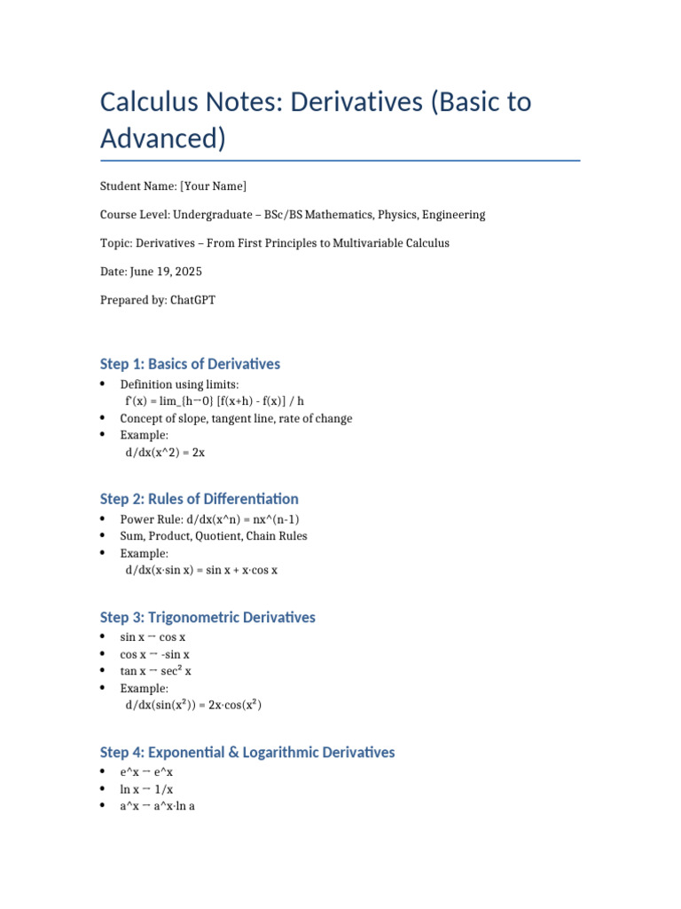 Derivatives Calculus Notes | PDF