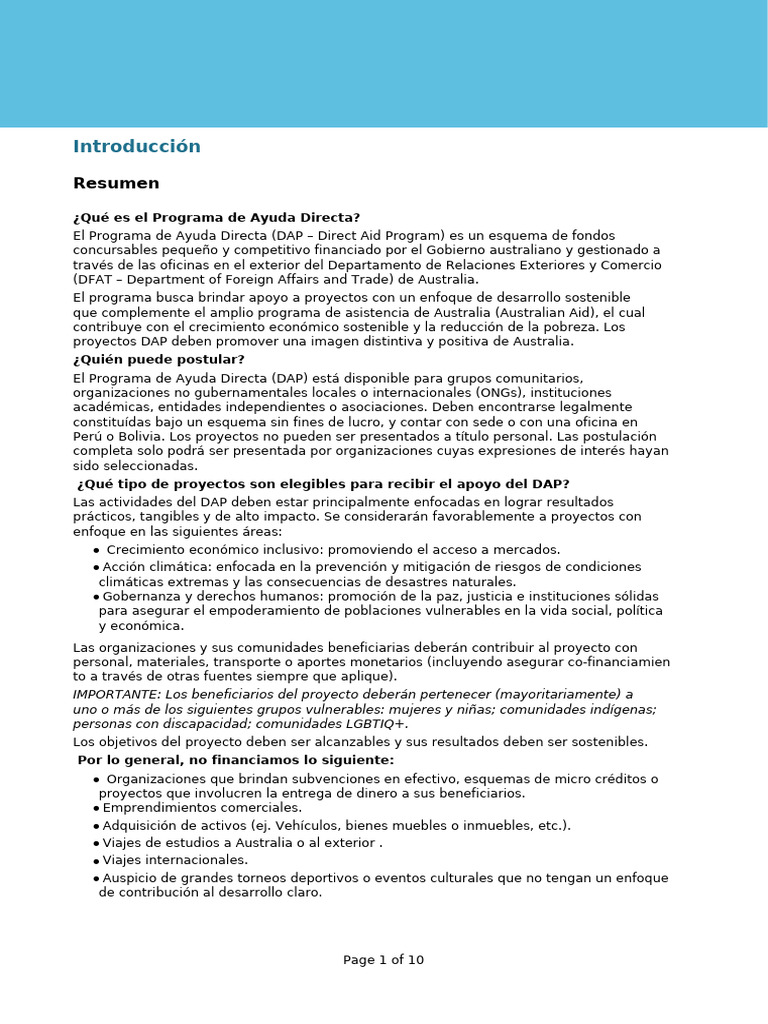 Lima Programa de Ayuda Directa - Nota Conceptual Español | PDF | Perú | Australia