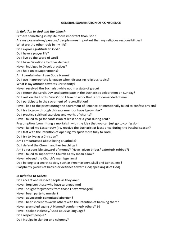Examination of Conscience | PDF | Confession (Religion) | Catholic Church
