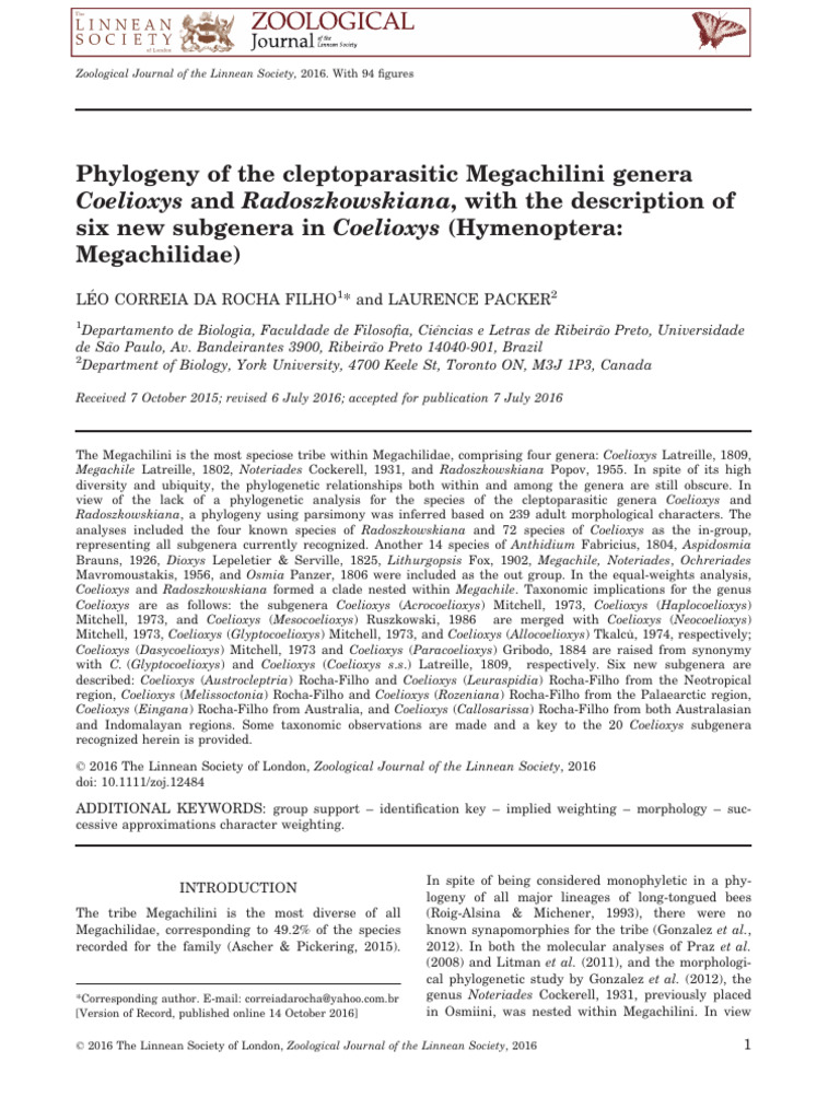 Phylogeny of The Cleptoparasitic Megachilini Genera And, With The ...
